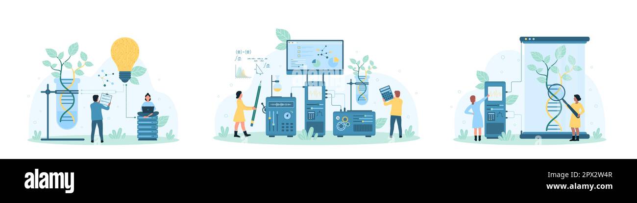DNA lab research set vector illustration. Cartoon tiny people with ...