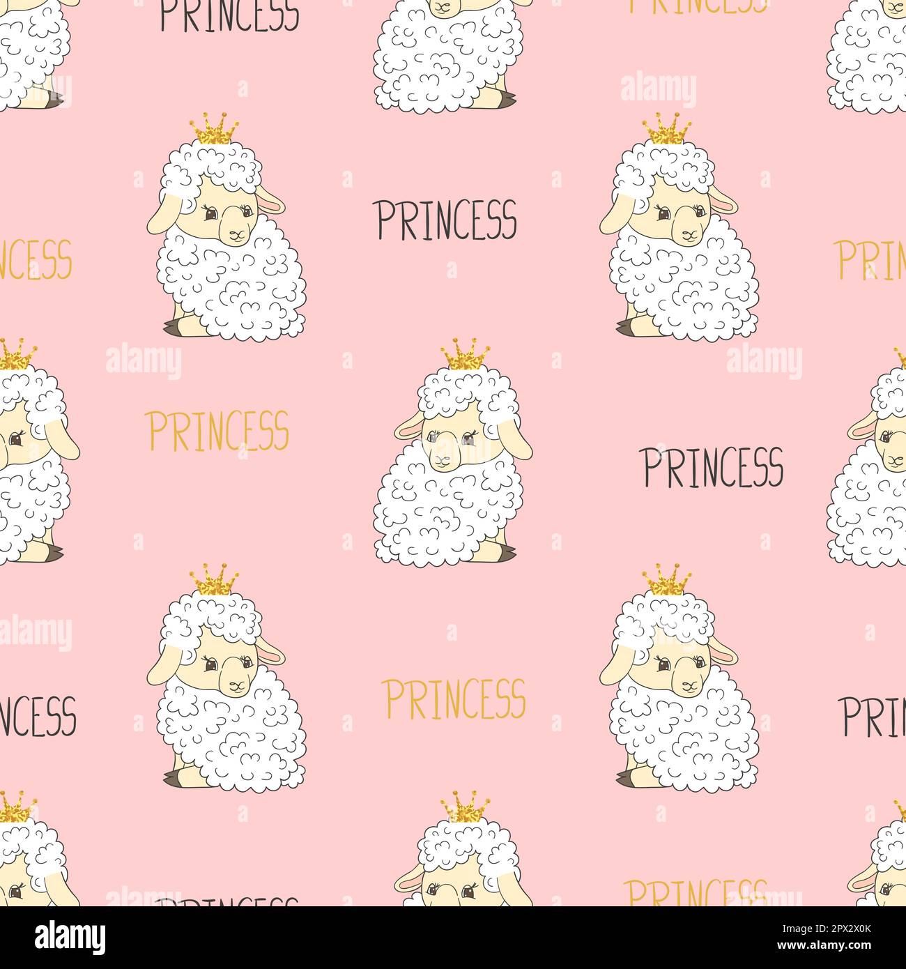 Seamless sheep princess pattern. Vector background with lambs. Baby ...