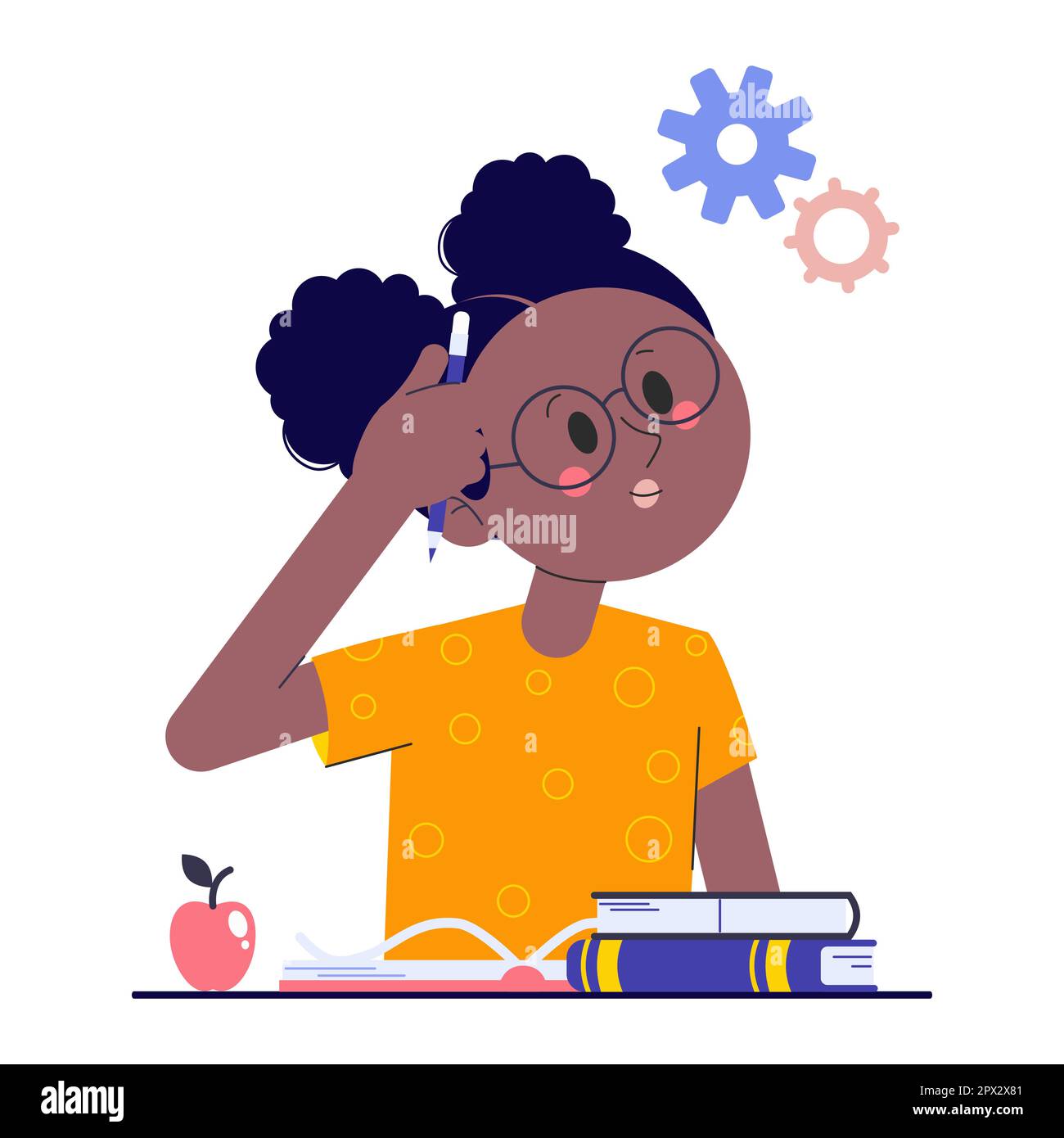 Girl on school exam. Kid study and think about test or homework in ...