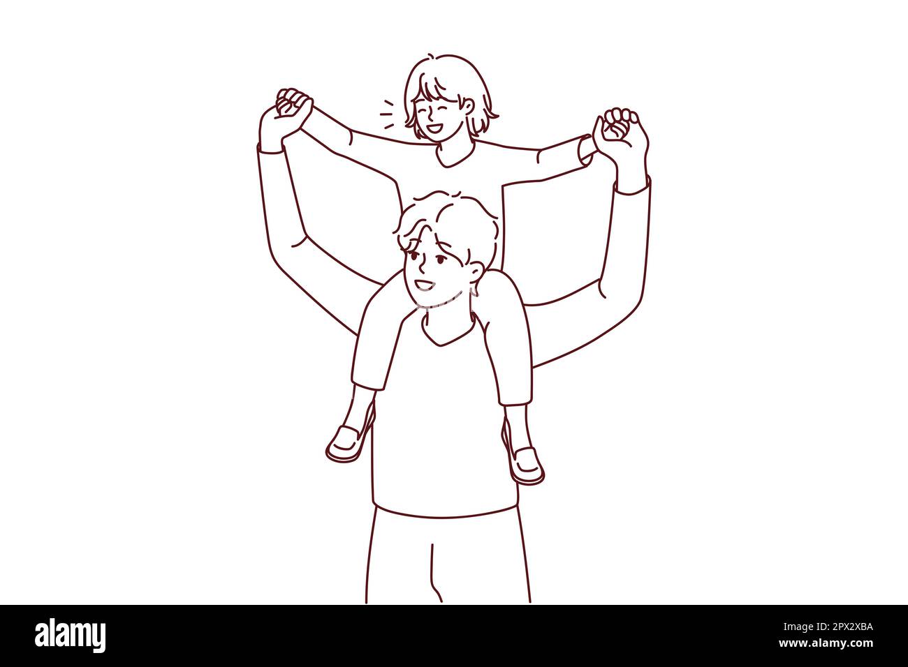 Young smiling father with excited child on back walking together ...