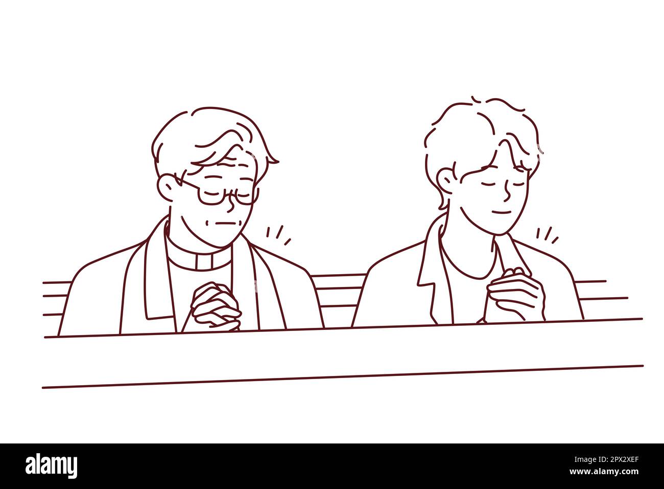 Man and priest praying in church. Guy and pastor with prayer hands pray ...