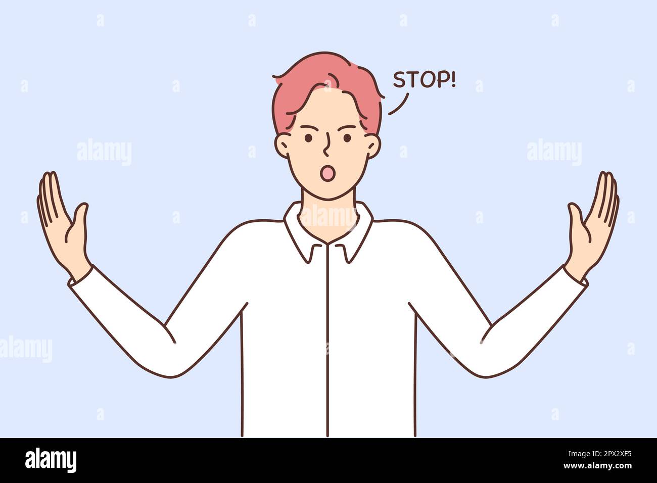 Decisive young man show hand gesture say stop. Angry confident male ...