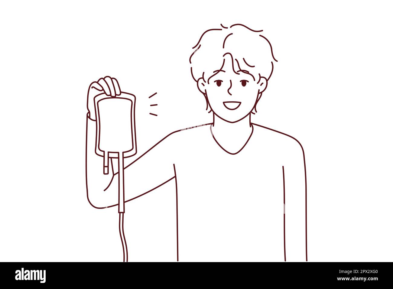 Smiling man volunteer holding bag of blood donating to people in need ...