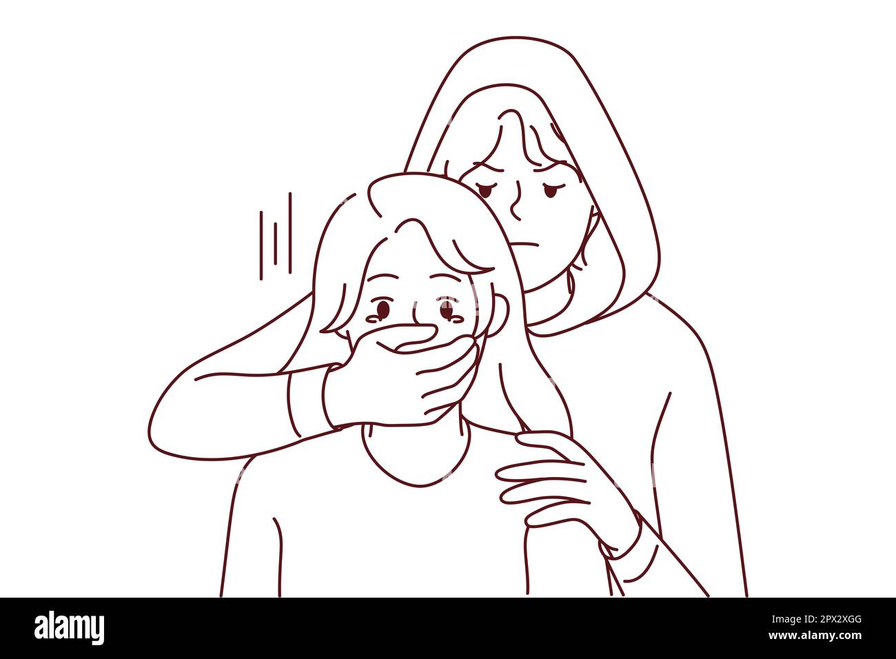 Man in hood close scared woman mouth with hand. Male criminal or ...