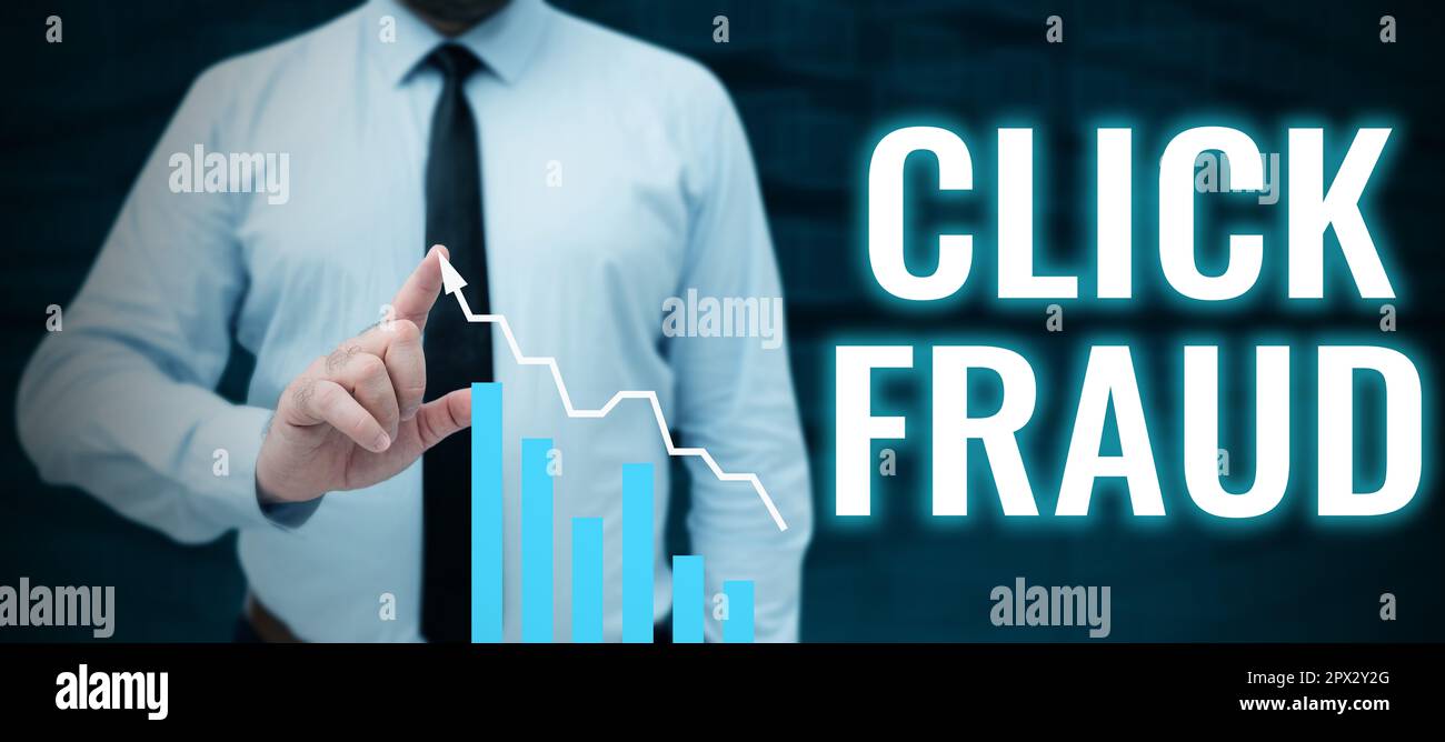 Hand writing sign Click Fraud, Business idea practice of repeatedly ...