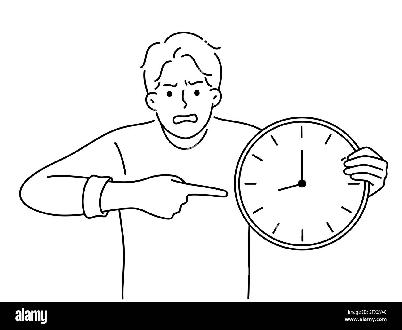 Furious man point at clock stressed with missed deadline. Mad male show ...