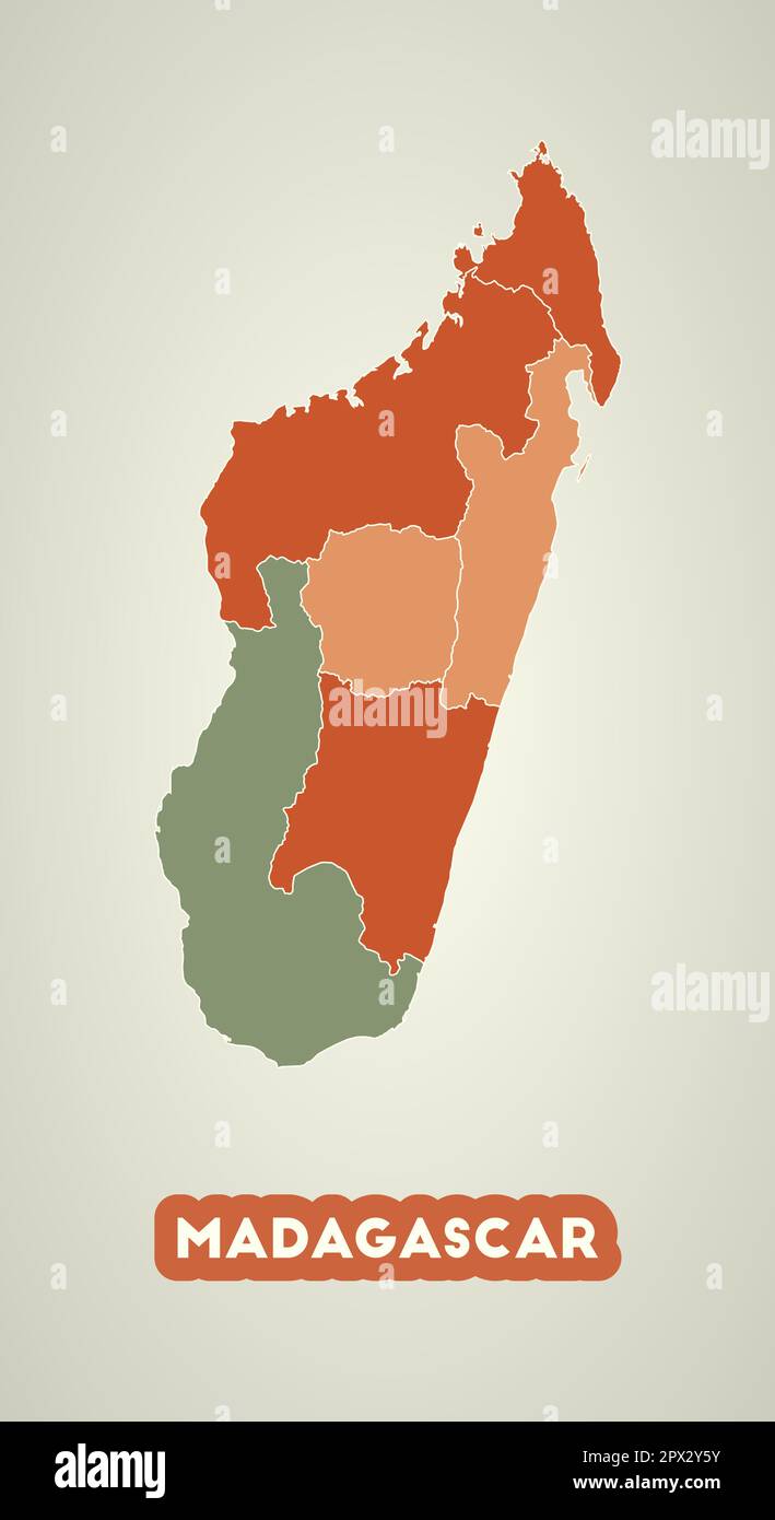 Madagascar poster in retro style. Map of the country with regions in ...