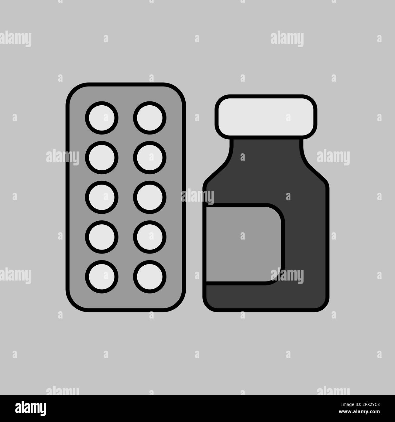 Medicine jar and pills strip vector grayscale icon. Medical sign ...