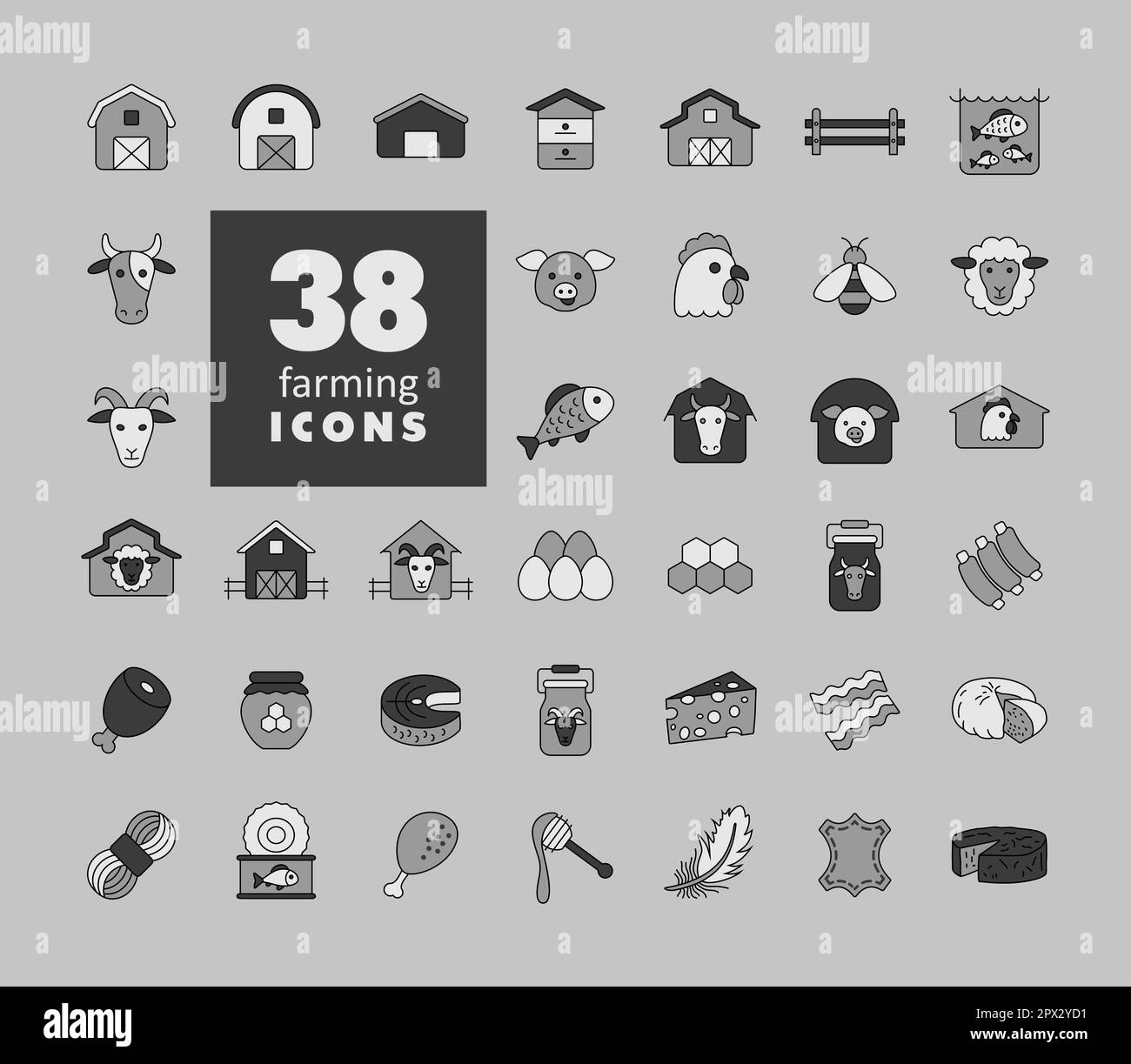 Farm animal isolated grayscale icons set. Animal food sign. Graph ...