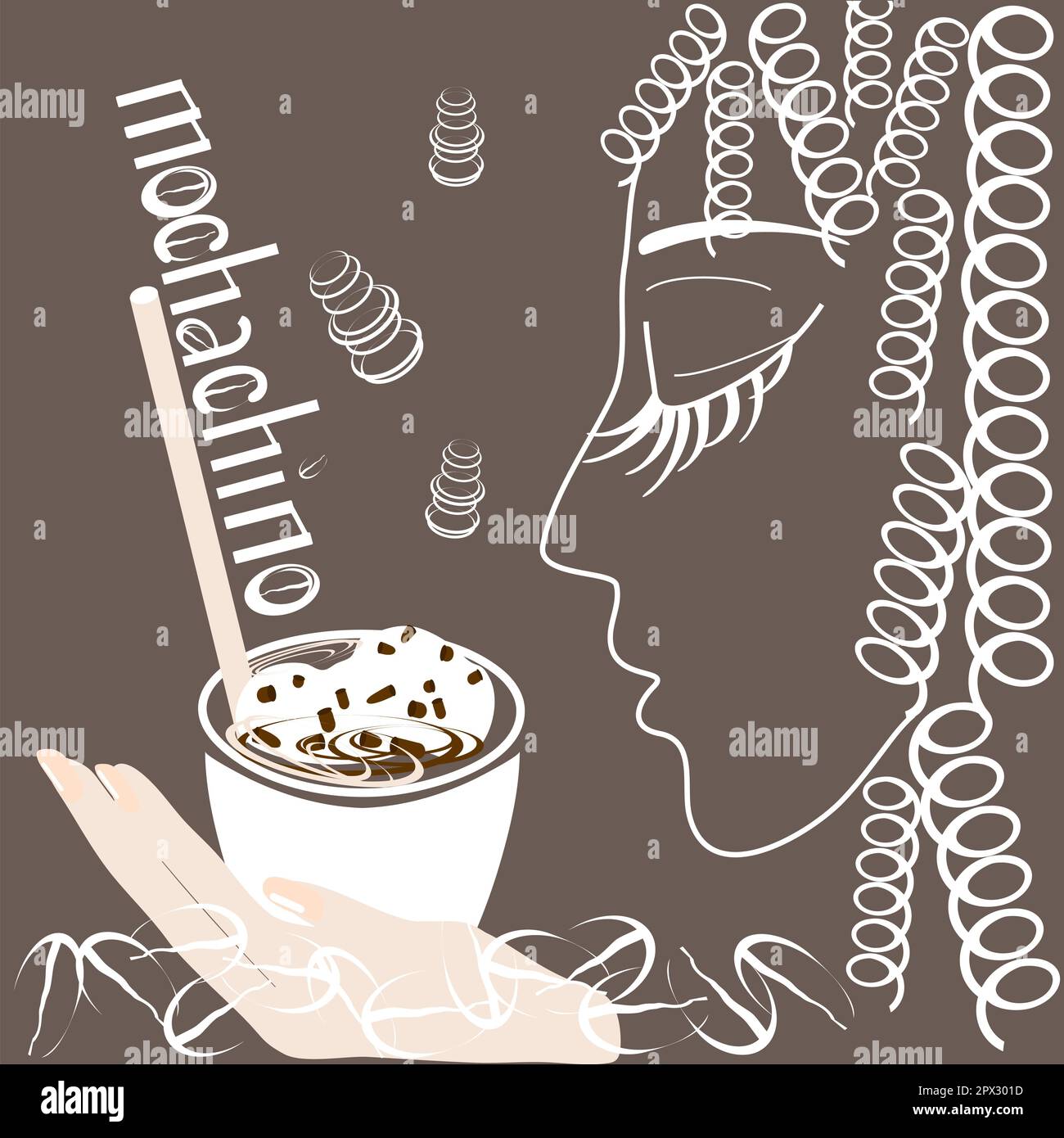 drawing of a cup of mochachino coffee and a female face in profile for ...
