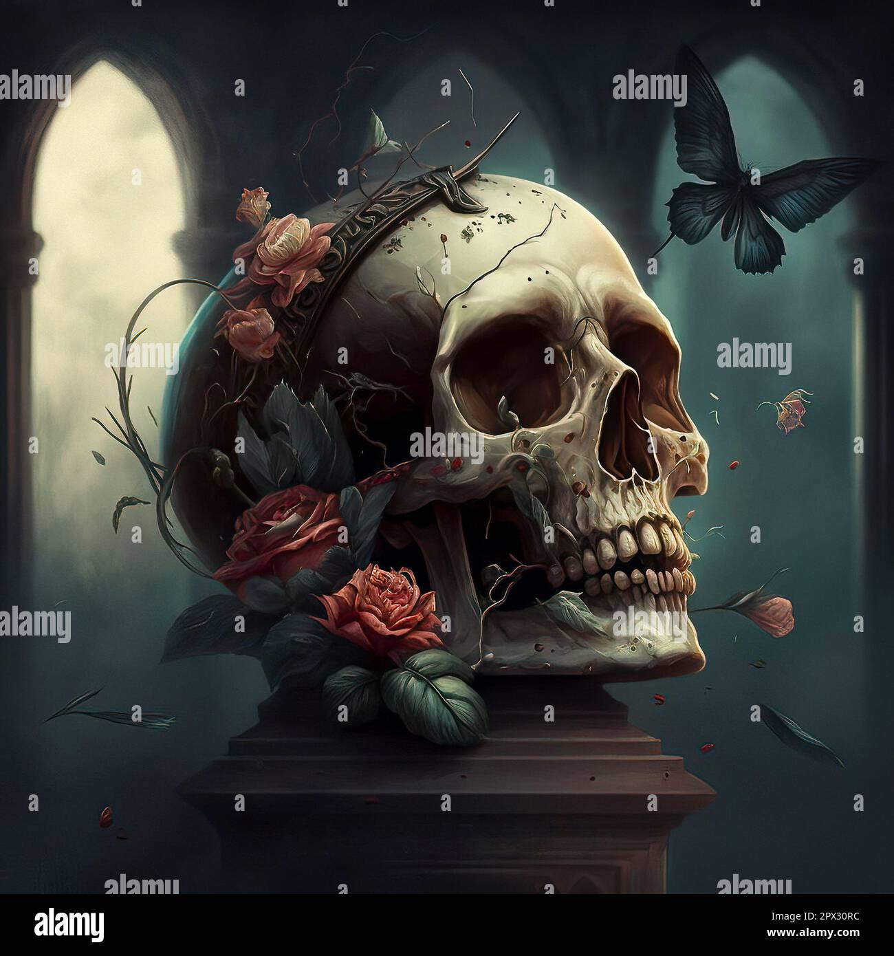 A Skull Decorated with Roses and a Broken Crown on Top of it. A Lonely ...
