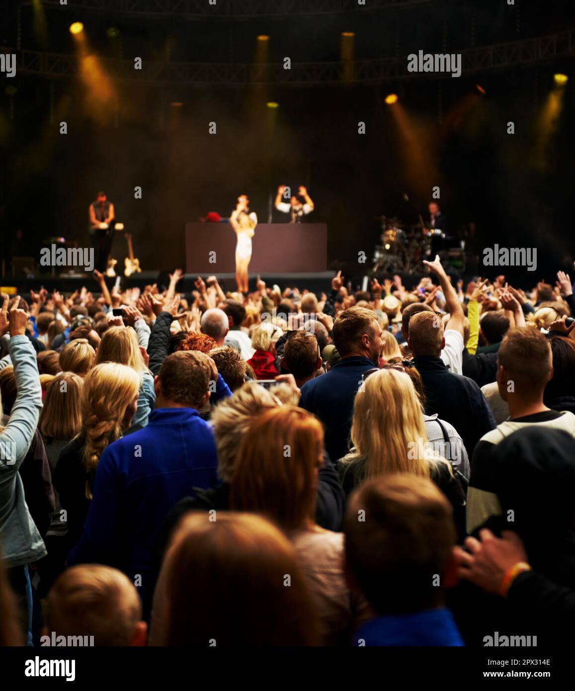 Dance, music and stage with crowd at festival for concert, dj show and ...