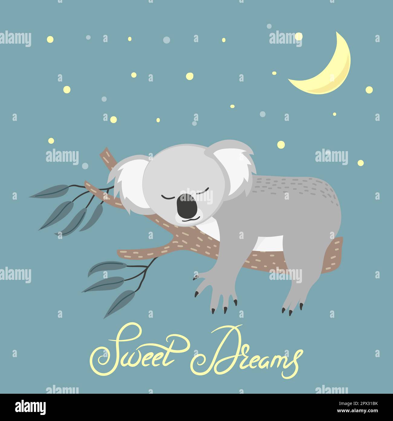 Cute sleeping koala on the tree. Sweet dreams vector illustration Stock ...