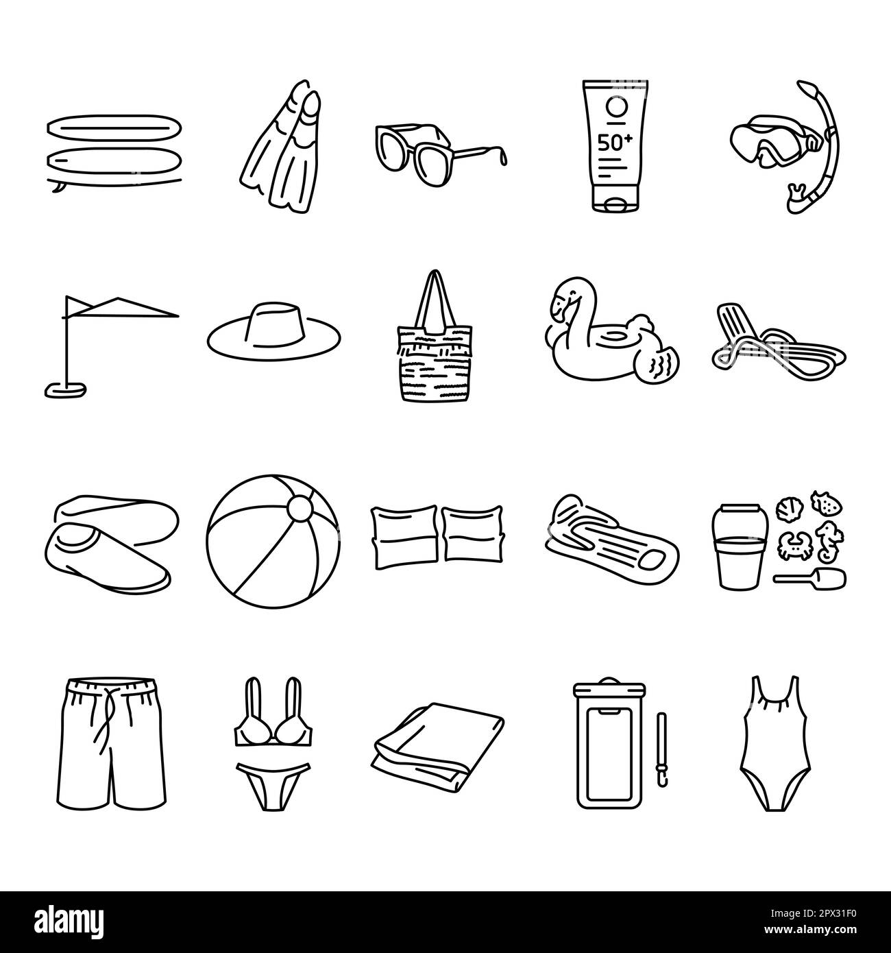 Beach accessories black line icons set. Pictograms for web page, mobile ...