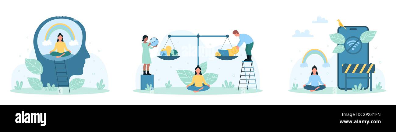 Mental balance set vector illustration. Cartoon tiny people care brain ...