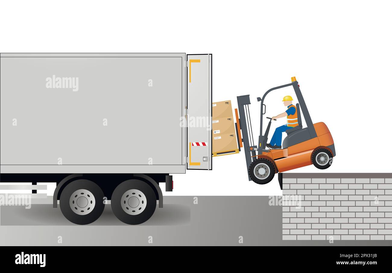 Dangers of working with a forklift. Fall off the loading ramp. Vector ...