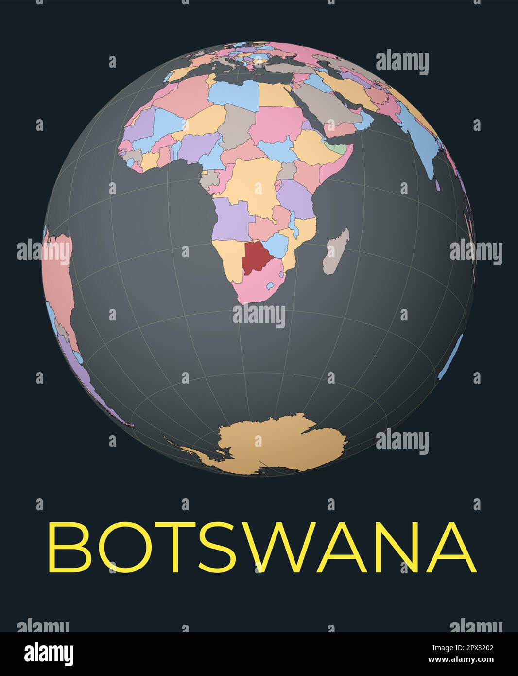 World map centered on Botswana. Red country highlighted. Satellite ...