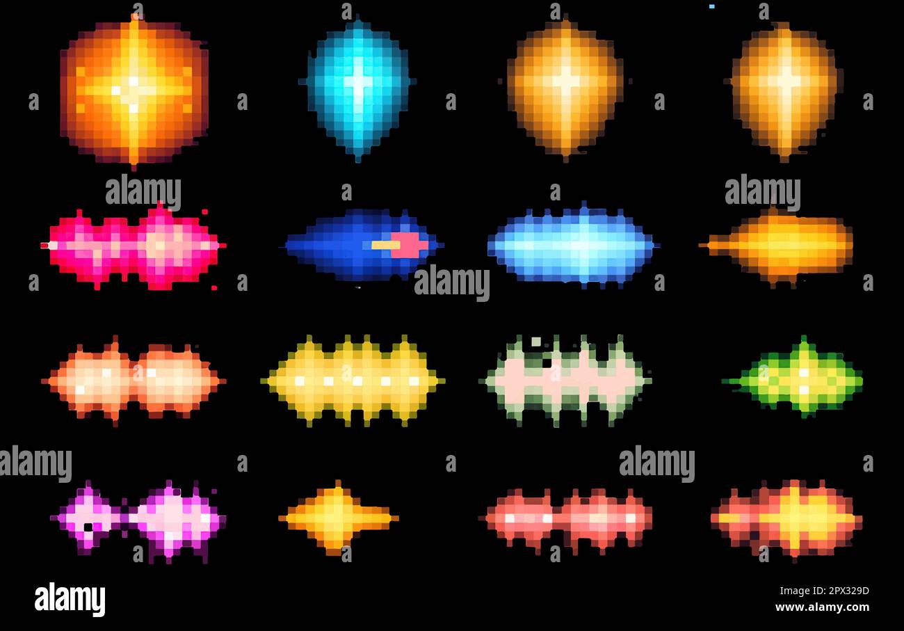set vector pixel illustration of flash glow isolate on black background ...