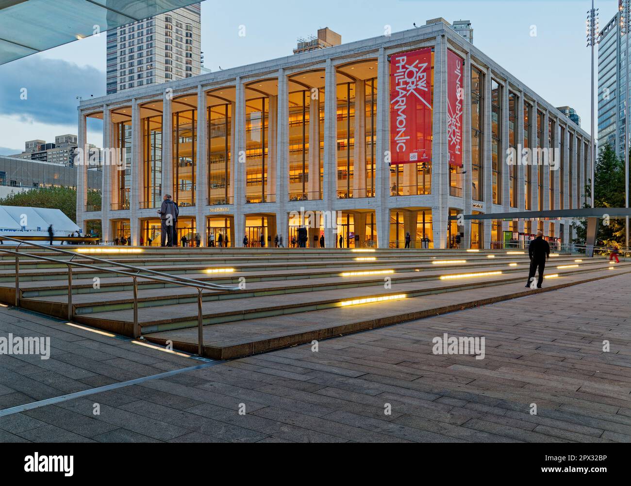 Lincoln Center at dawn: David Geffen Hall, on Josie Robertson Plaza ...