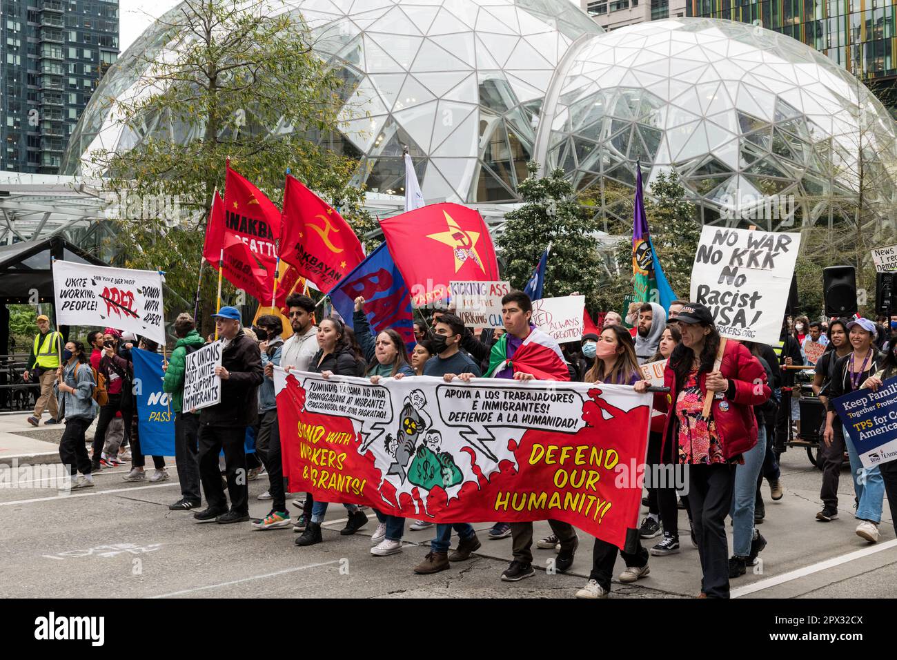 Seattle, USA. 1 May, 2023. Workers rallying at the federal building ...