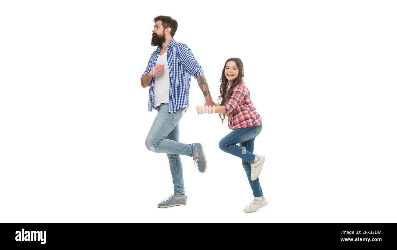 Move on. Lets move. Kid and dad cheerful friends in motion. Move in ...