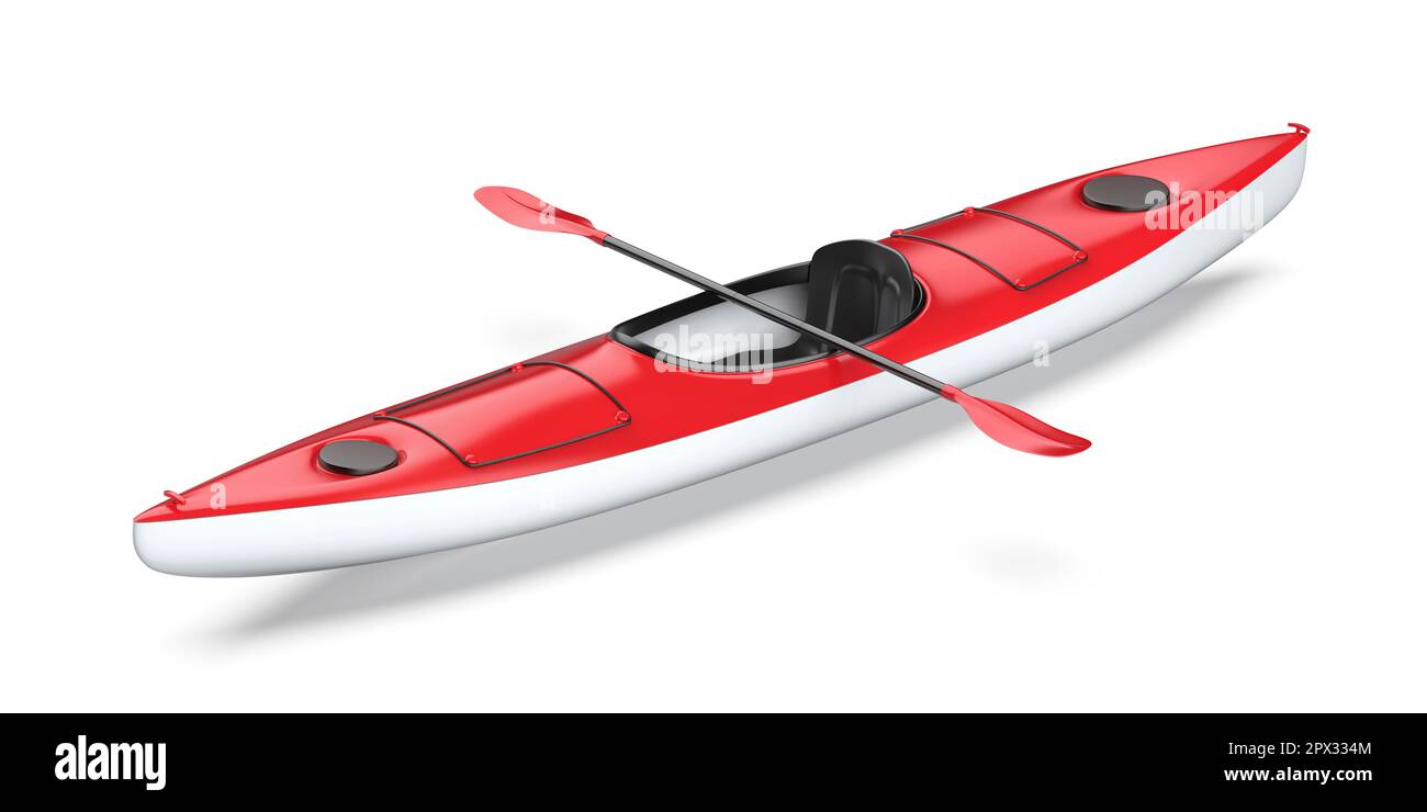 Red plastic kayak with paddle on white background Stock Photo - Alamy