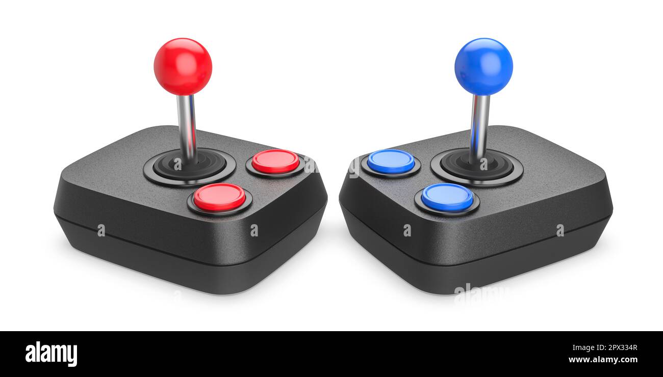 Two vintage computer joysticks on white background Stock Photo - Alamy