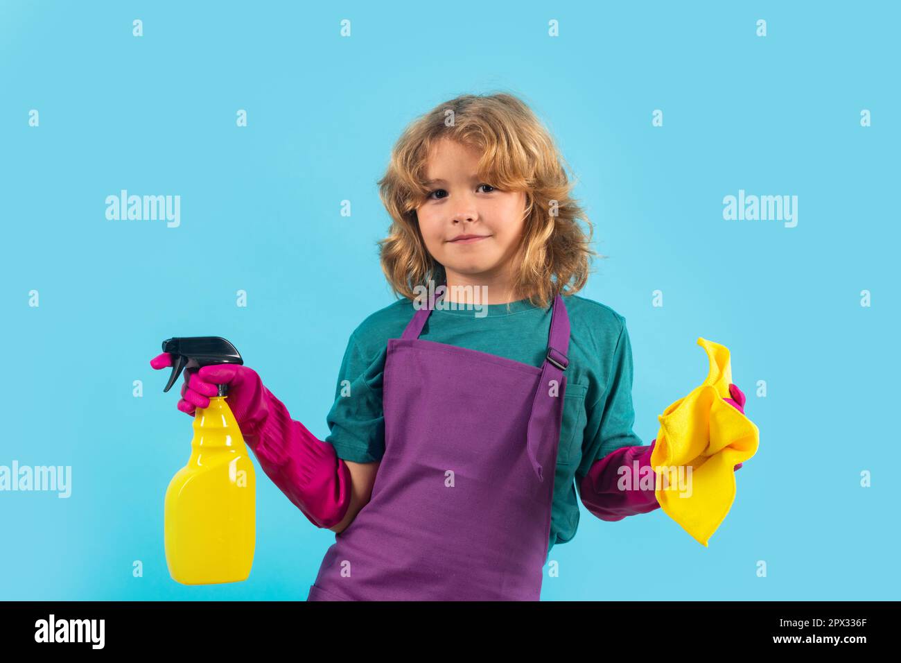Little kid cleaning at home. Child doing housework having fun. Studio ...