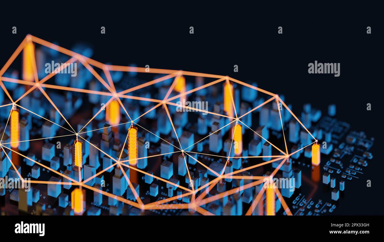 Modern, futuristic smart city. Internet, decentralized networks ...