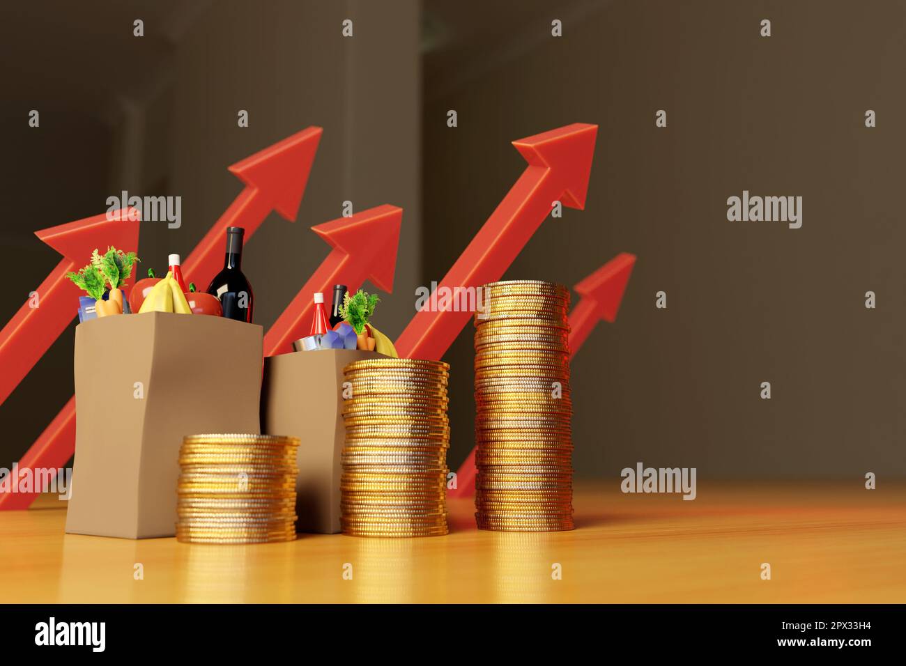 Inflation, prices rise concept. Groceries bags, coin stacks and red ...