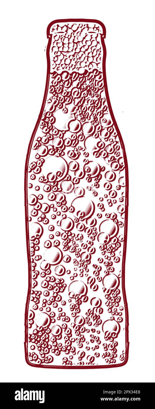 Bubbles and froth in a fizzy soda drink bottle over a white background ...