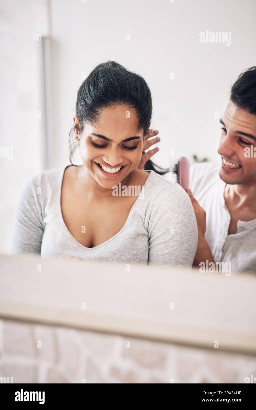 I Love Your Hair This Way Babe A Young Man Brushing His Girlfriends