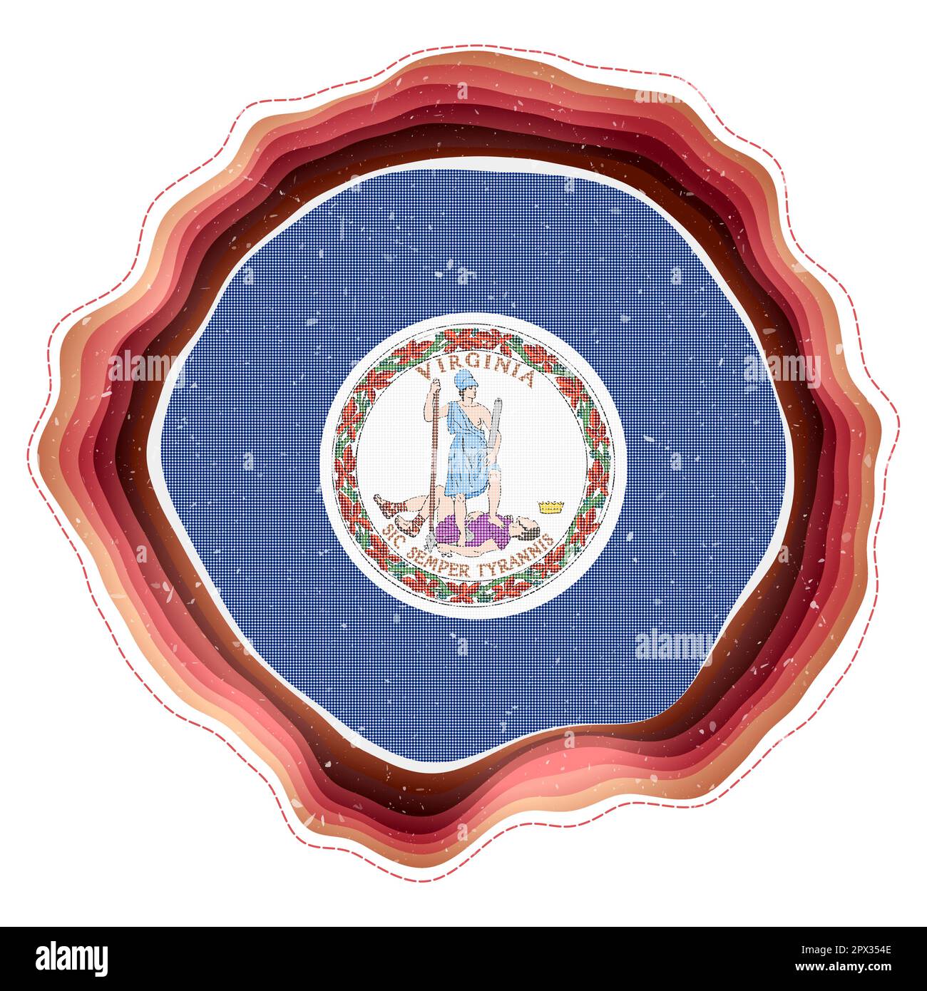 Virginia flag in frame. Badge of the US state. Layered circular sign around Virginia flag. Neat ...