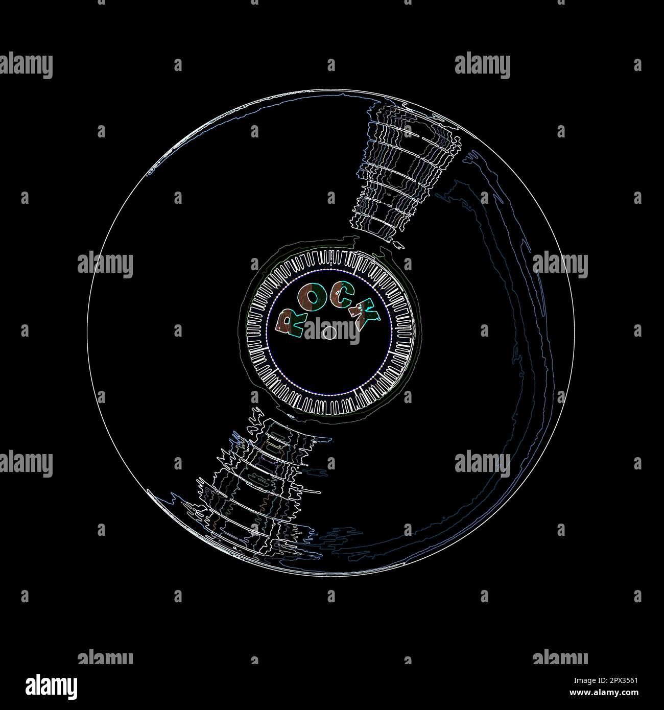 An abstract LP vinyl record with the legend ROCK and a circle of piano ...