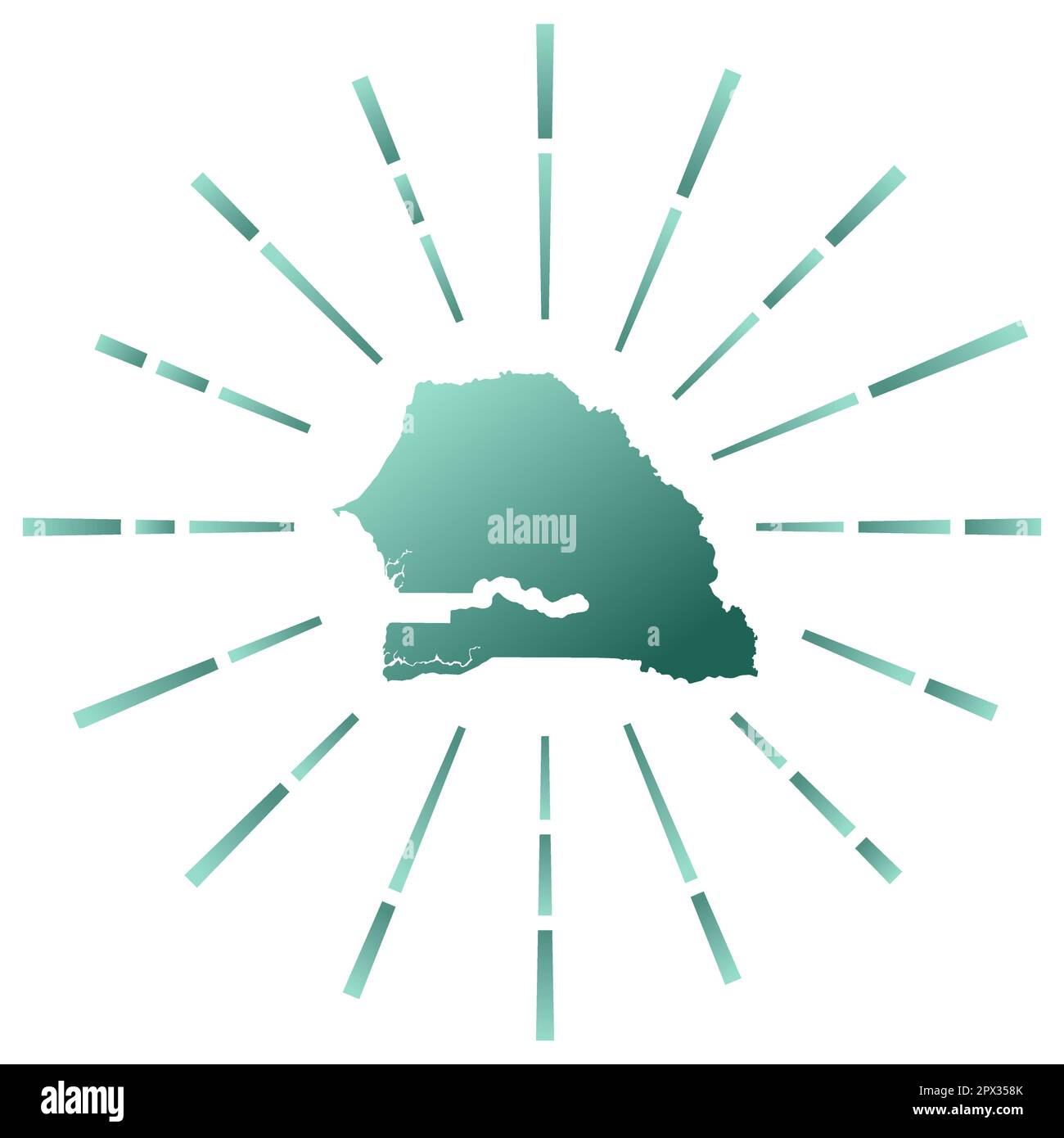Senegal gradiented sunburst. Map of the country with colorful star rays ...