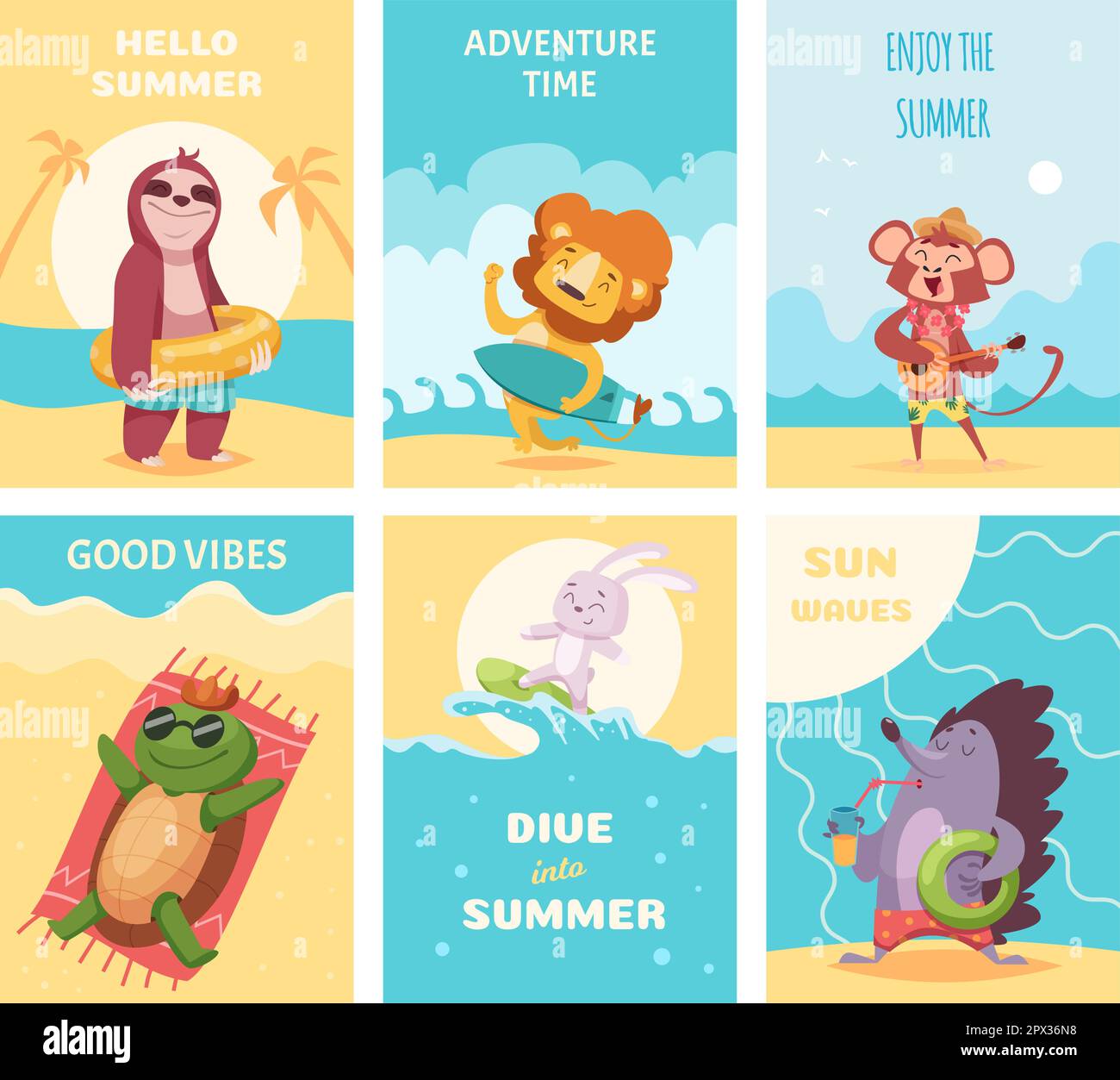 Summer animals cards. Cute wild cartoon animals in swiming suit exact ...