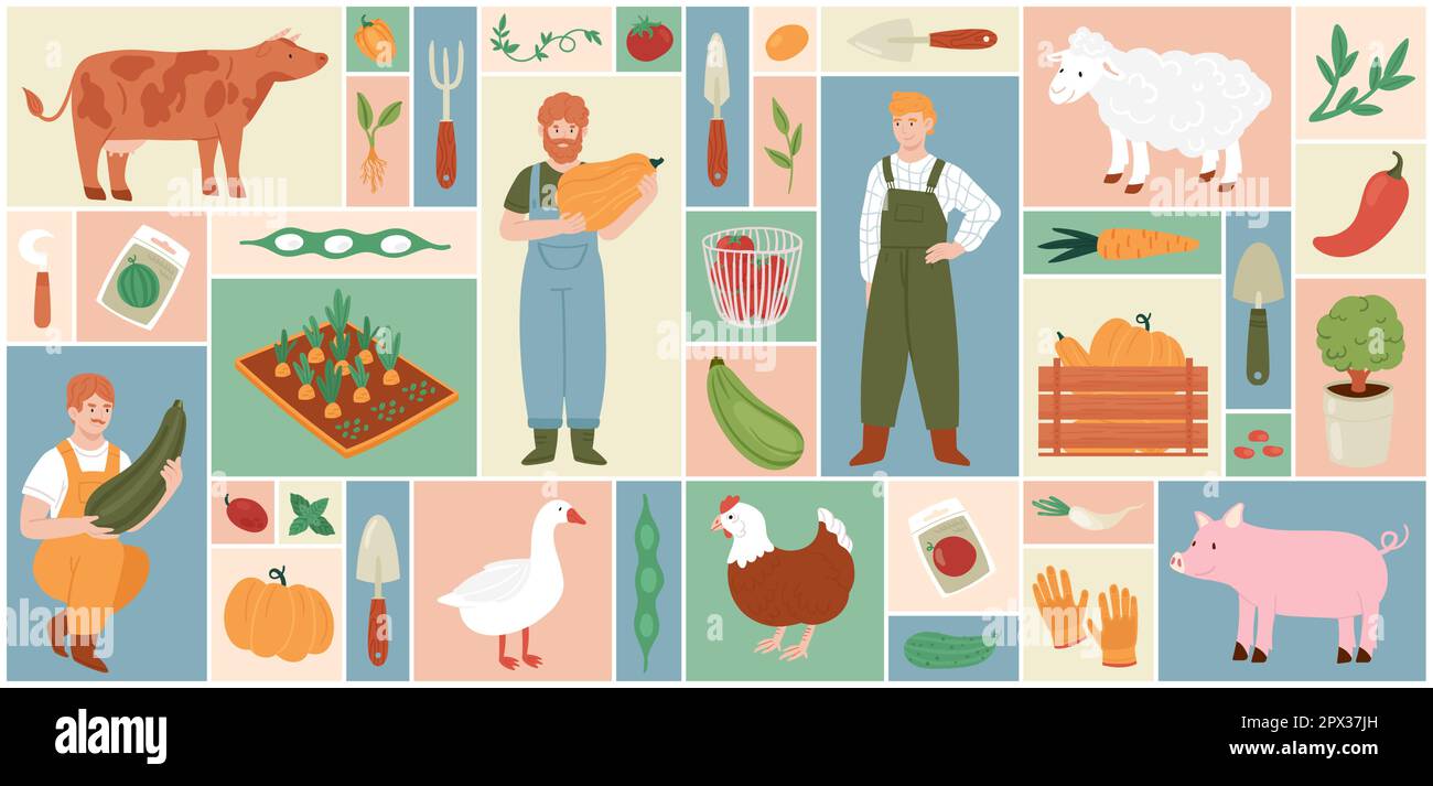Cartoon farmer people grow harvest, organic vegetables, domestic ...