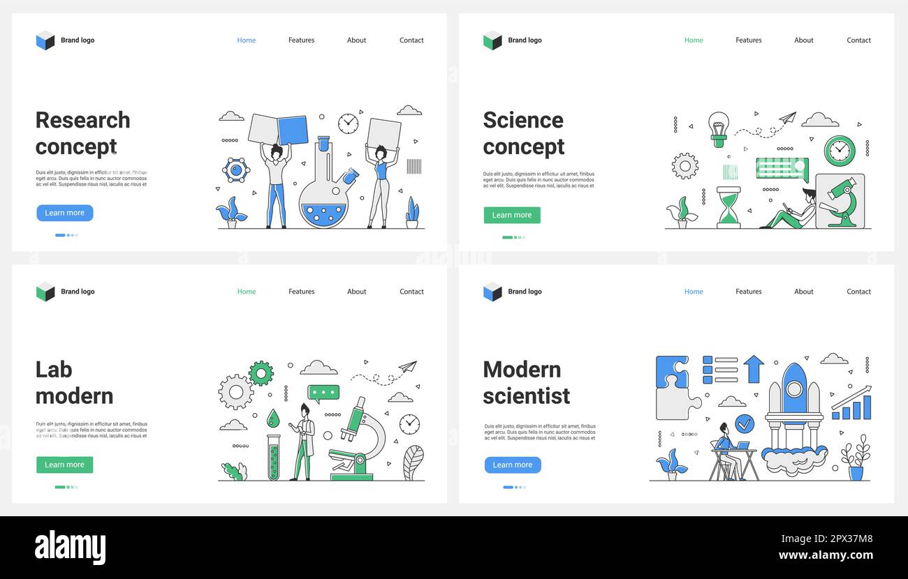 Modern laboratory research, science startup set vector illustration ...