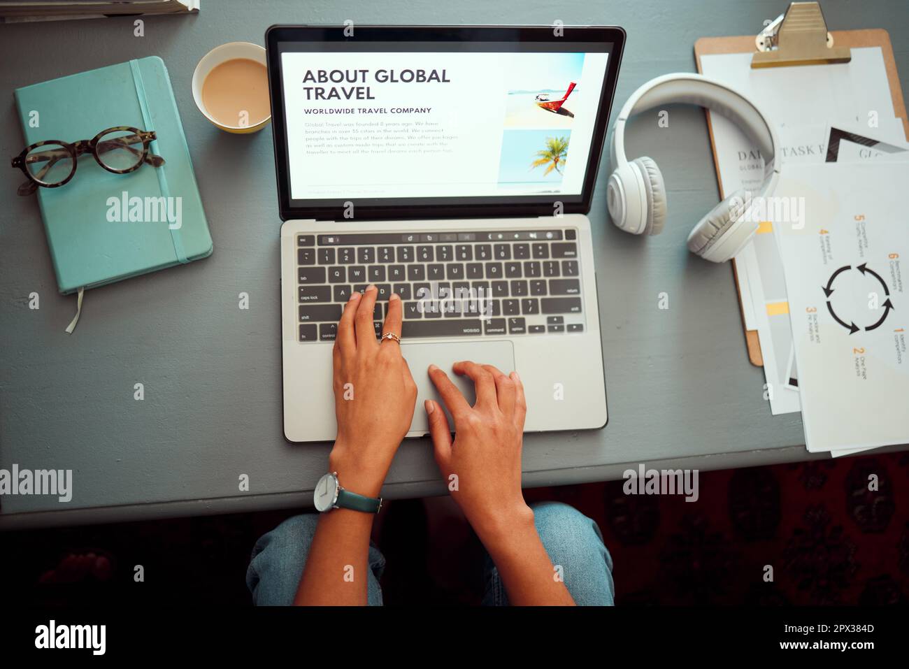 Travel blog, blogger hands and laptop, website and social network with ...