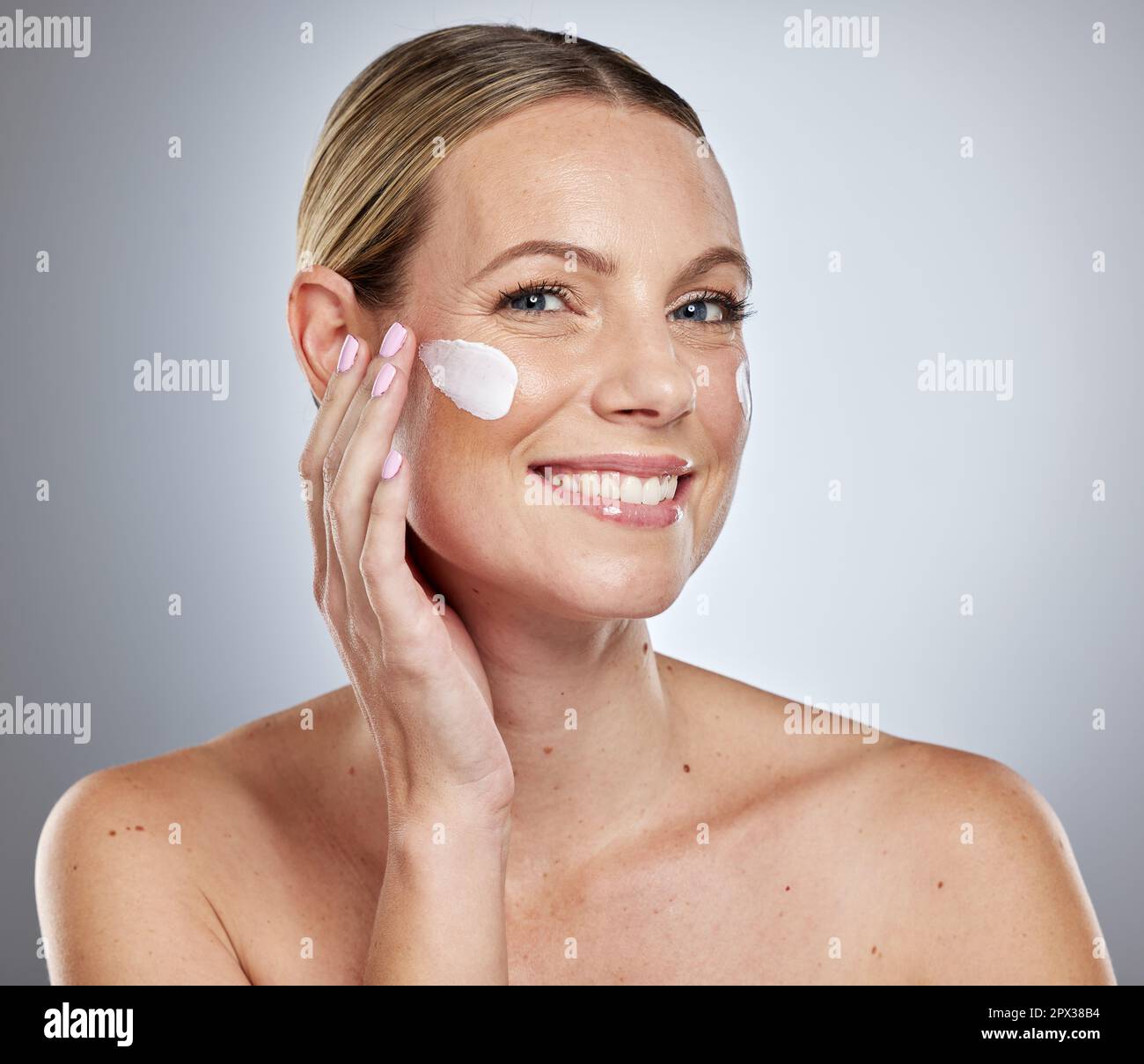 Beauty, face and cream for skincare, woman with moisturizer and natural ...