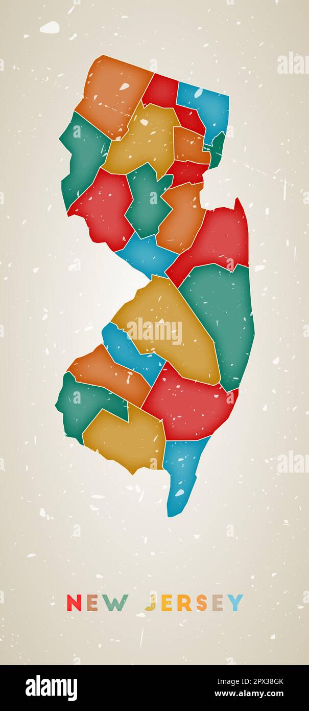 New Jersey map. US state poster with colored regions. Old grunge ...