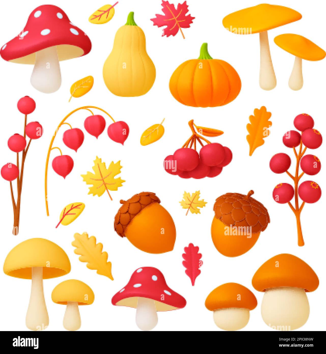 Autumn 3d elements, falls leaves, decorative nature objects. Mushrooms ...