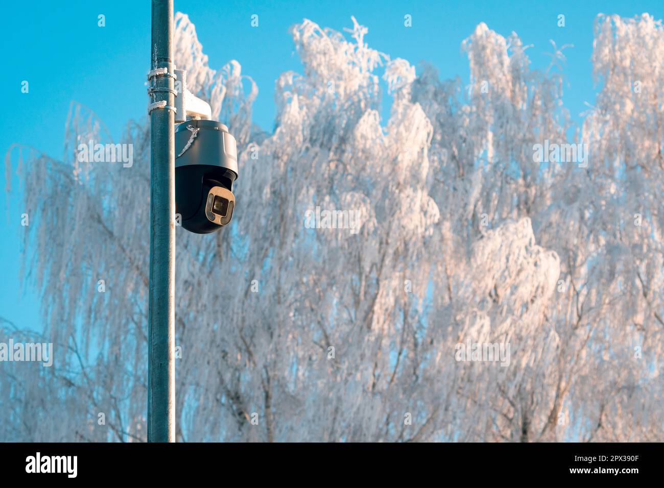 CCTV camera on metal pole in public park for monitor, observe and ...