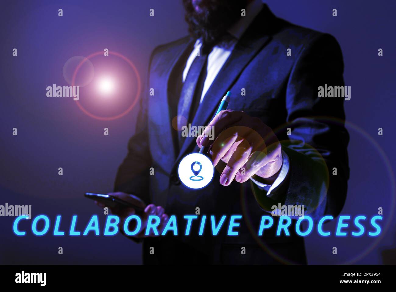 Text caption presenting Collaborative Process, Conceptual photo people ...