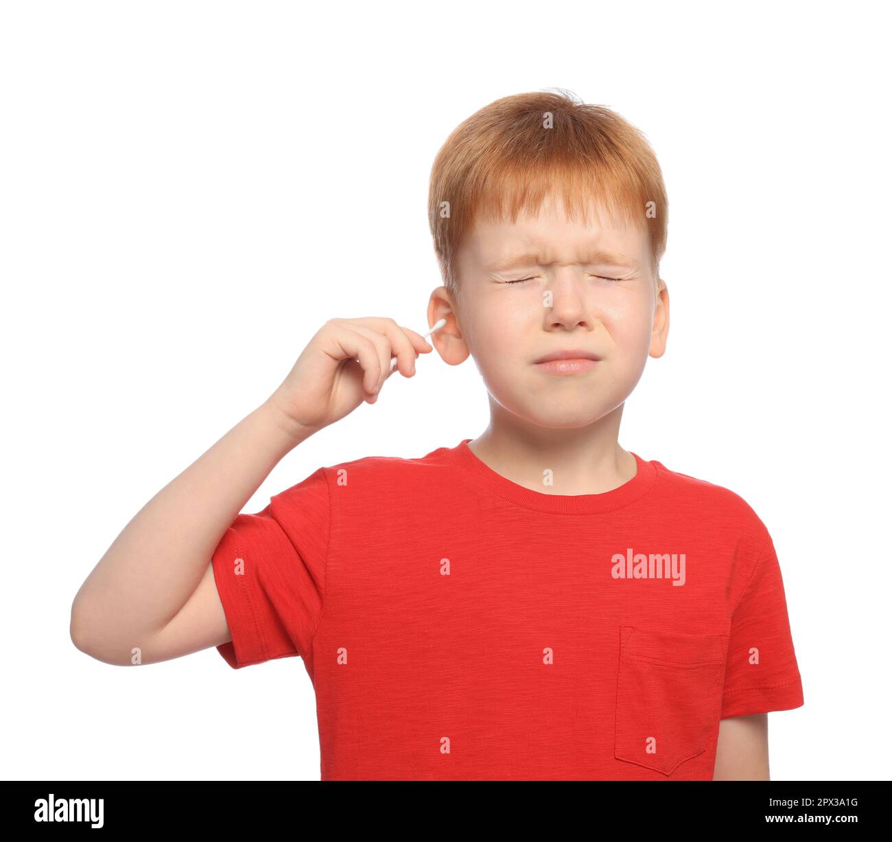 Little boy cleaning ear with cotton swab on white background Stock ...