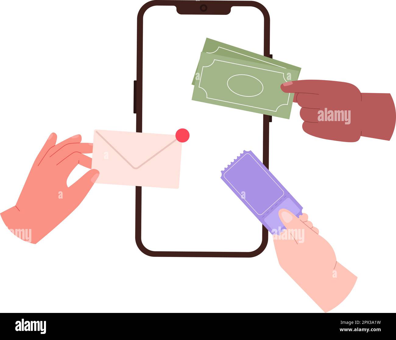 Modern digital life. Human hands taking money, tickets and letter from ...