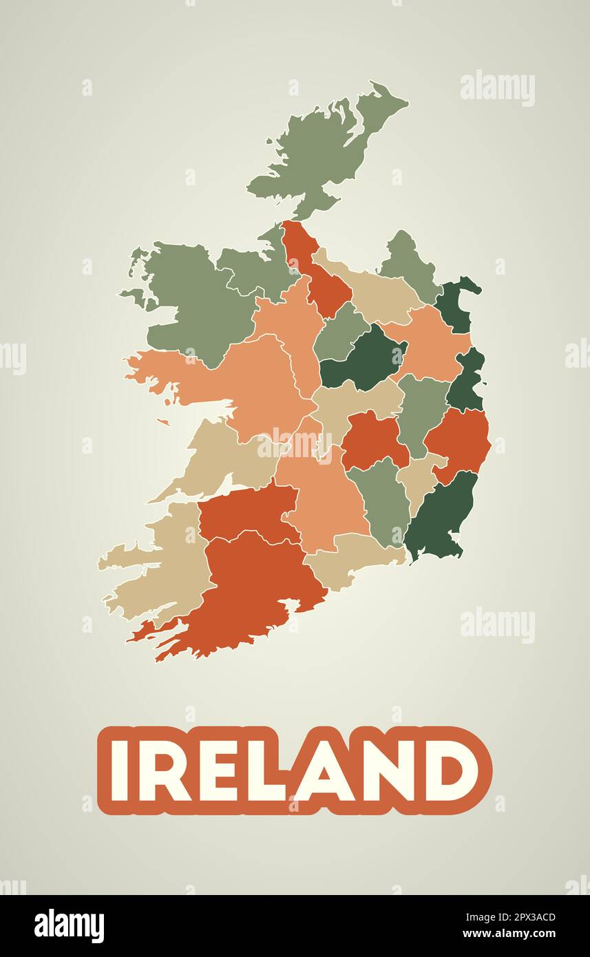 Ireland poster in retro style. Map of the country with regions in ...