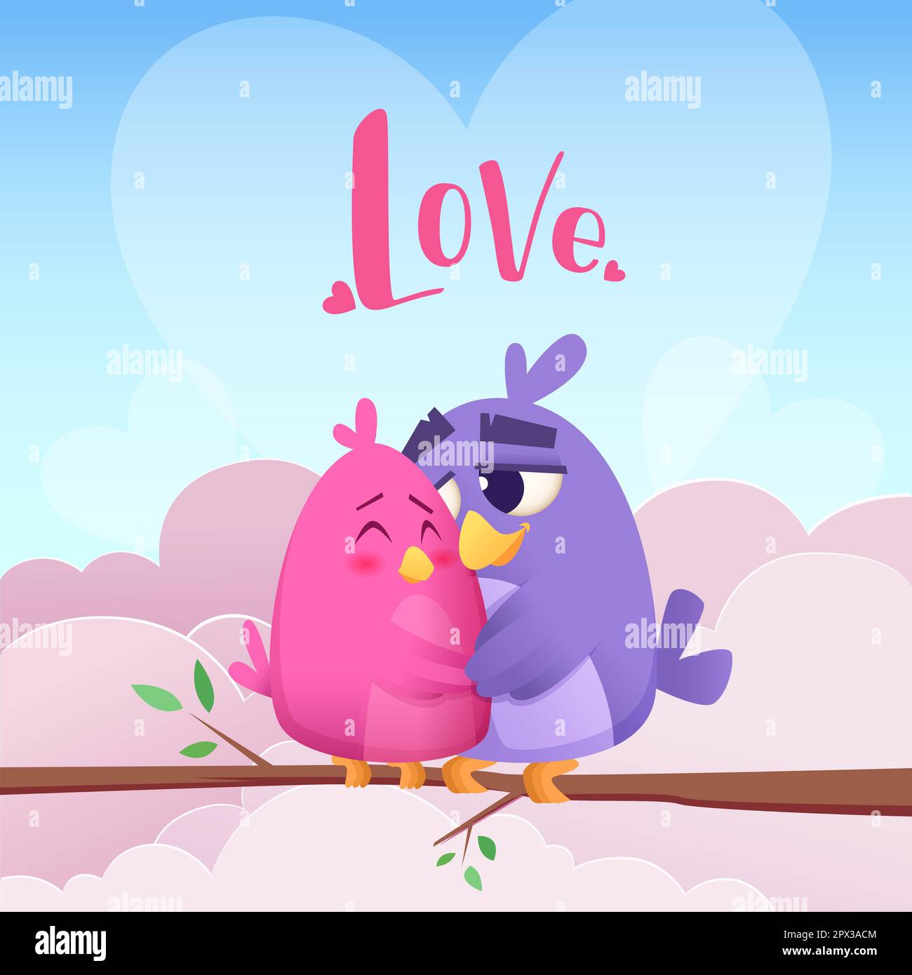 Birds on branch. loving couple of cartoon birds sitting together ...