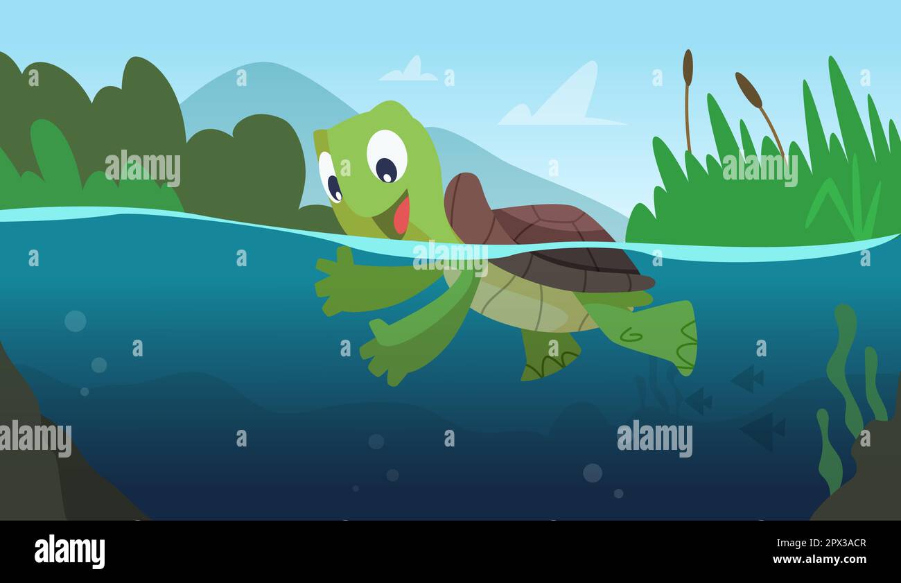 Turtle swimming. river or swamp life. Vector reptile turtle cartoon ...