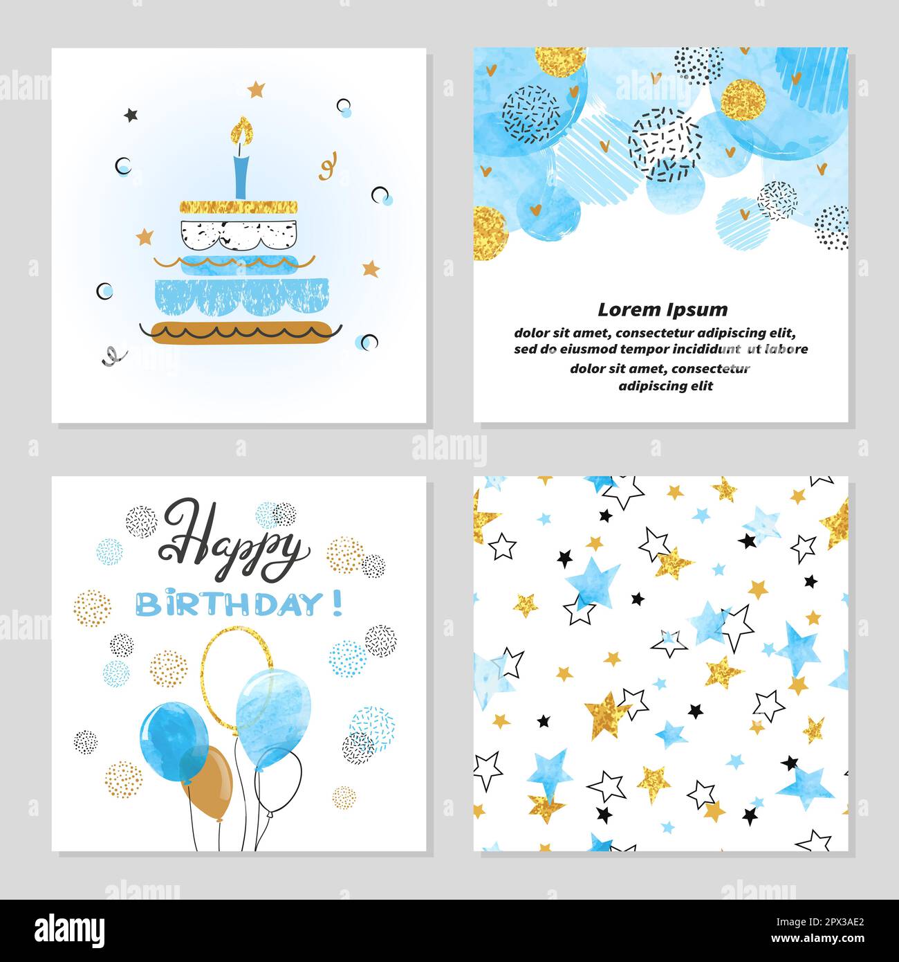 Happy Birthday cards set in blue and golden colors. Celebration vector ...